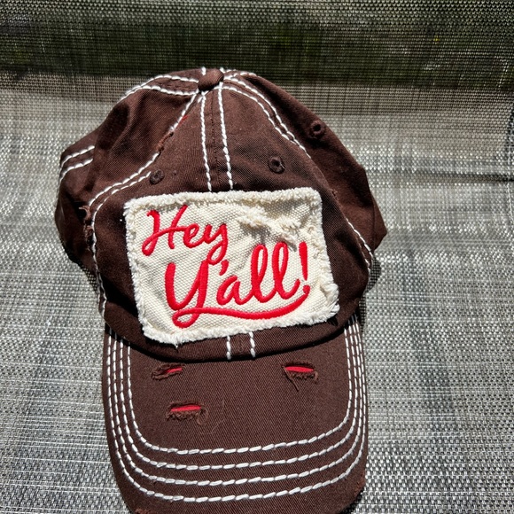 Accessories | Hey Yall Hat Brown Red Distressed Adjustable | Poshmark